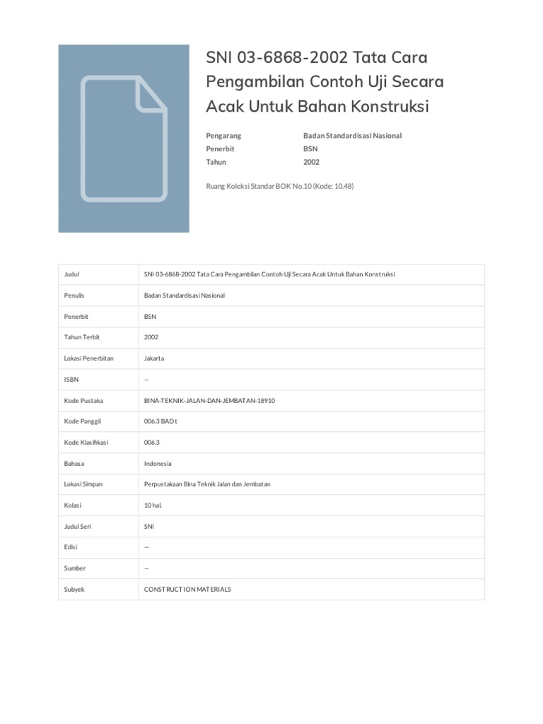 SNI 03-6868-2002 Tata Cara Pengambilan Contoh Uji Secara Acak Untuk Bahan Konstruksi | PDF