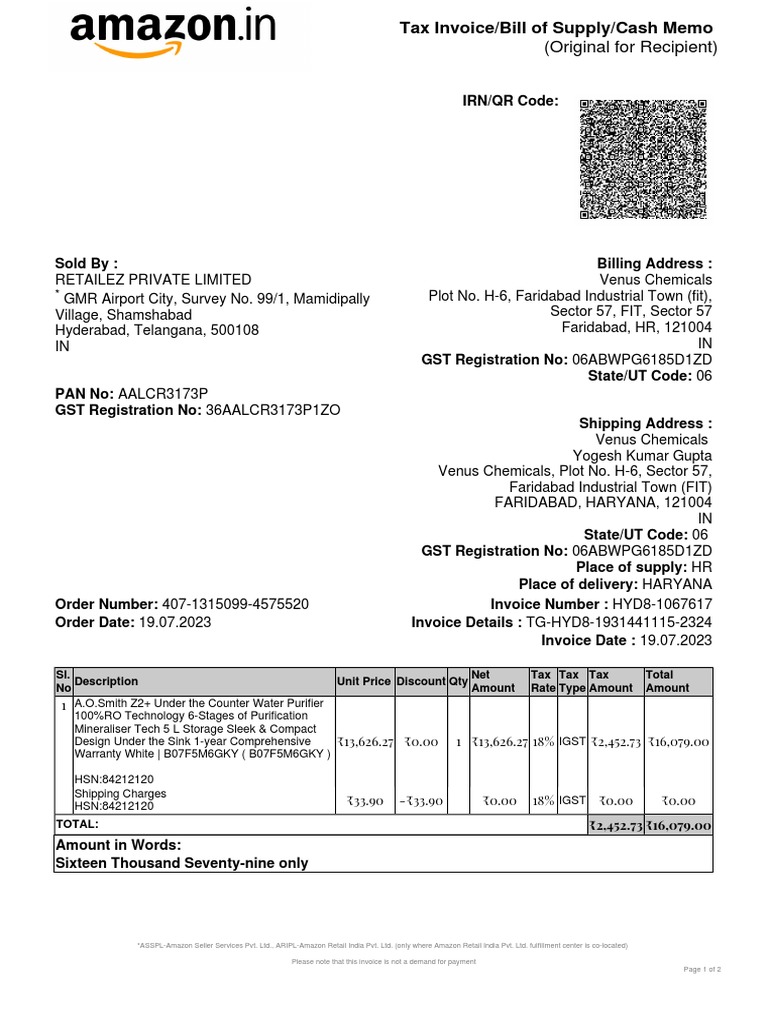 AO Smith RO Invoice | PDF