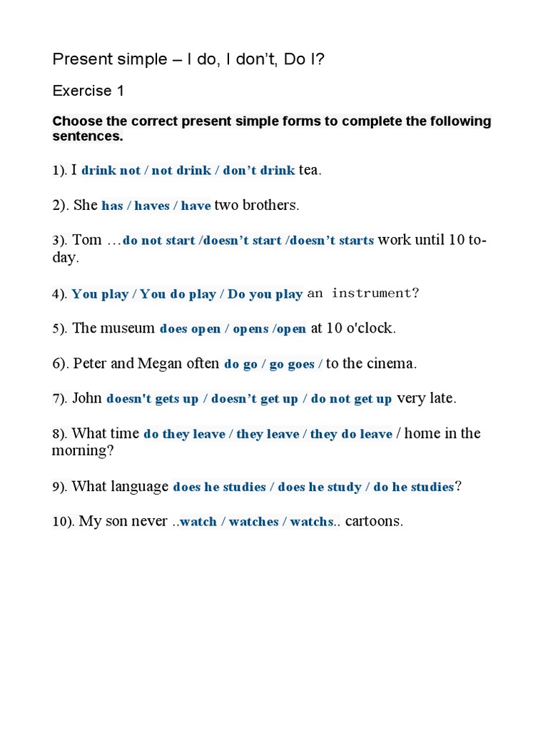 Present Simple: I Do, I Don’t Exercises | PDF