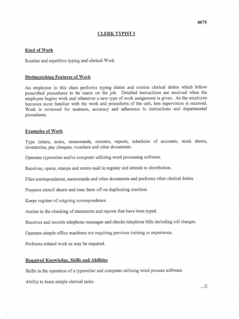Clerk Typist I Job Description | PDF