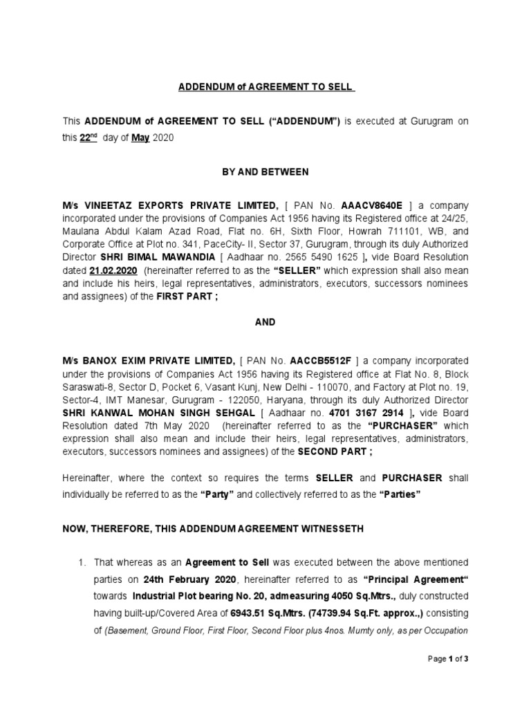 Addendum to Agreement of Sale | PDF | Civil Law (Legal System ...