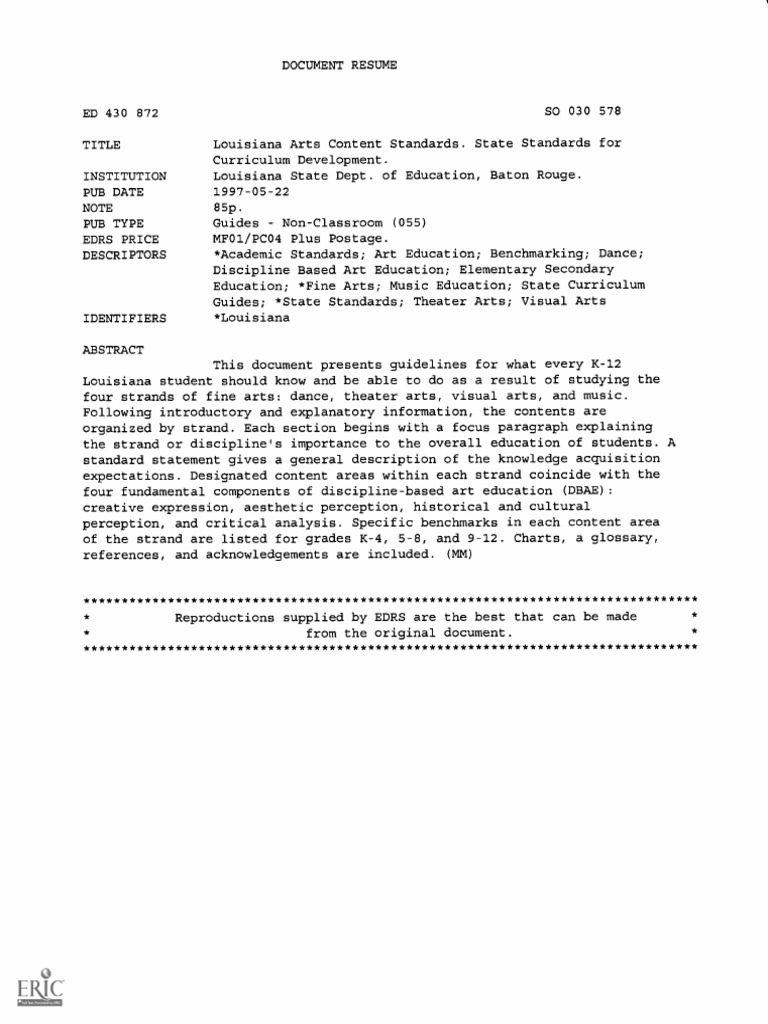 Louisiana Arts Standards Overview | PDF | Information Literacy | The Arts