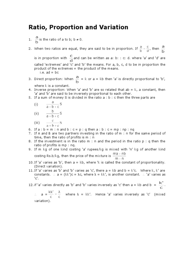 Ratio Proportion And Variation Pdf
