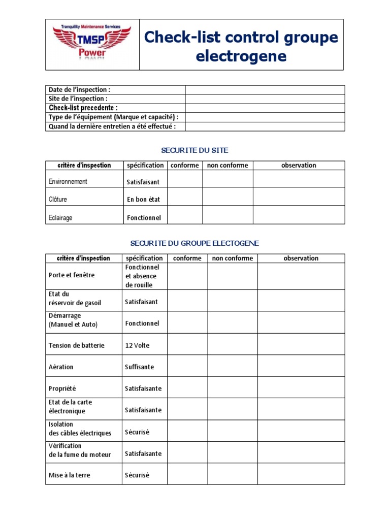 Check List Groupe Electrogene | PDF
