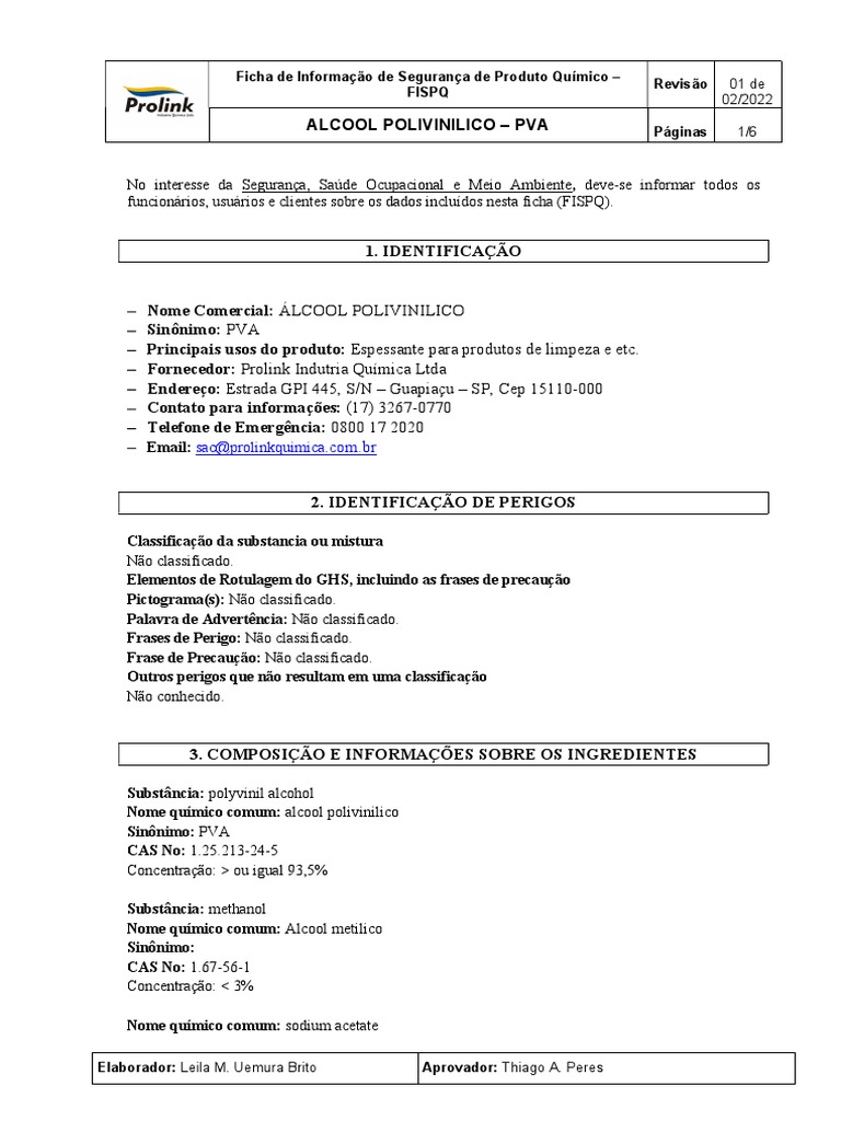 Fispq Alcool Polivinilico - Rev 01 | PDF | Química