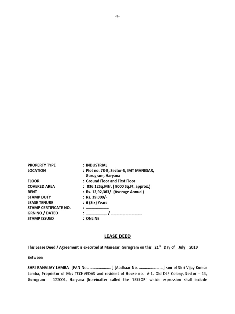 Draft of LEASE AGREEMENT - 78B-5 IMT Manesar - ADREM | PDF | Lease ...