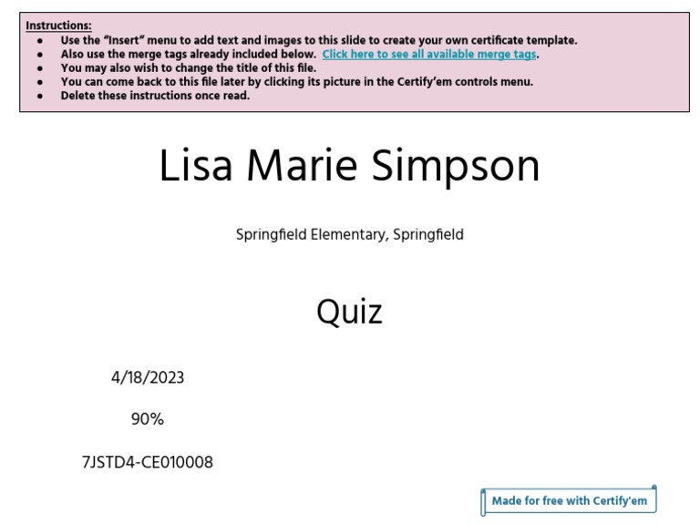 Certificate for Lisa Marie Simpson for _Quiz | PDF