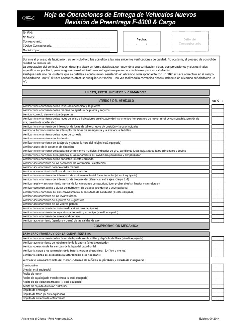 F-4000 & Cargo - Planilla de Pre-Entrega | PDF
