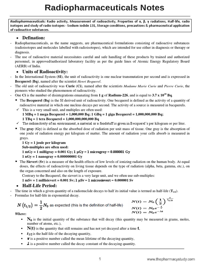 Radiopharmaceutical Notes | PDF | Radioactive Decay | Gamma Ray