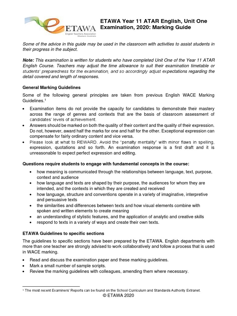 ETA Year 11 ATAR English Sem 1 Marking Guide V3 210320 FINAL 1 PDF | PDF