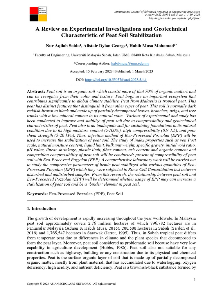 A Review On Experimental Investigations and Geotechnical Characteristic of Peat Soil ...