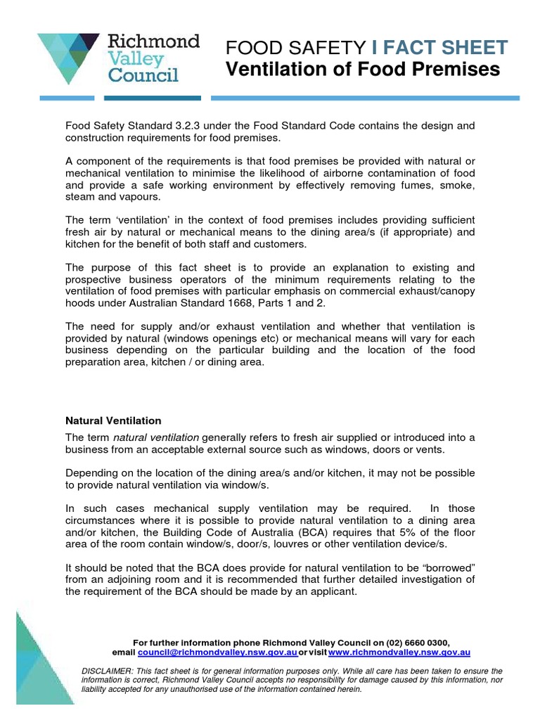 Food Safety - Ventilation of Food Premises | PDF | Ventilation (Architecture) | Duct (Flow)