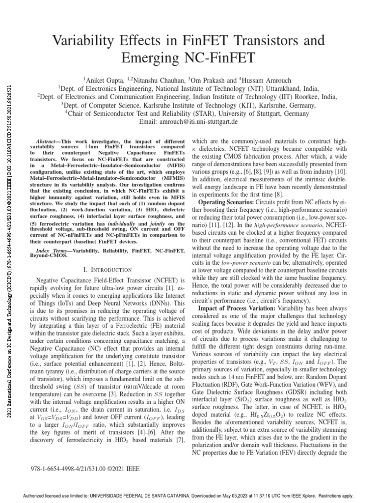 Variability Effects in FinFET Transistors and Emerging NC-FinFET | Download Free PDF | Field ...