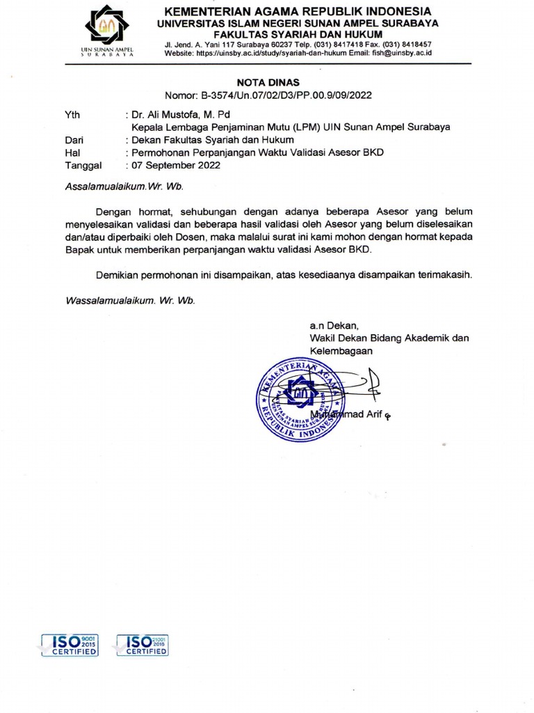 Nota Dinas Permohonan Perpanjangan Valodasi Asesor BKD | PDF