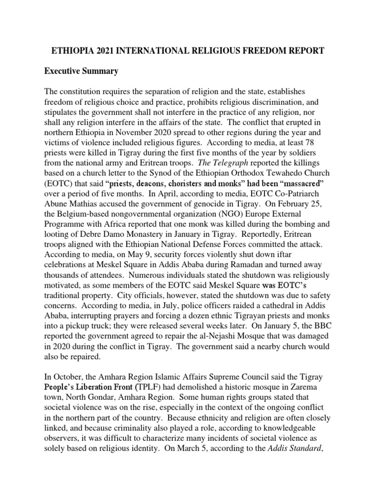 Ethiopia 2021 International Religious Freedom Report | PDF