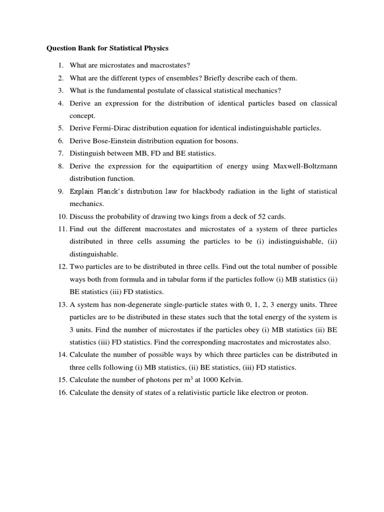 Question Bank For Unit 4 and Unit 5 Stat Mech | PDF