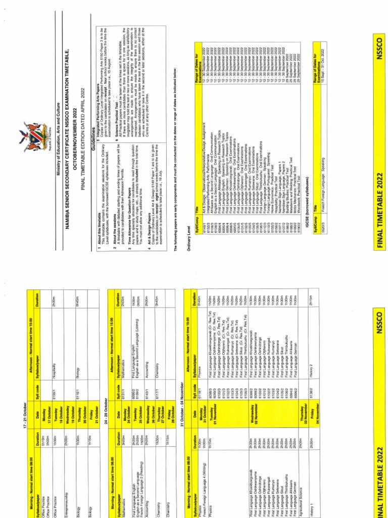 Nssco Grade 11 Final External Examination Timetable 2022 | PDF