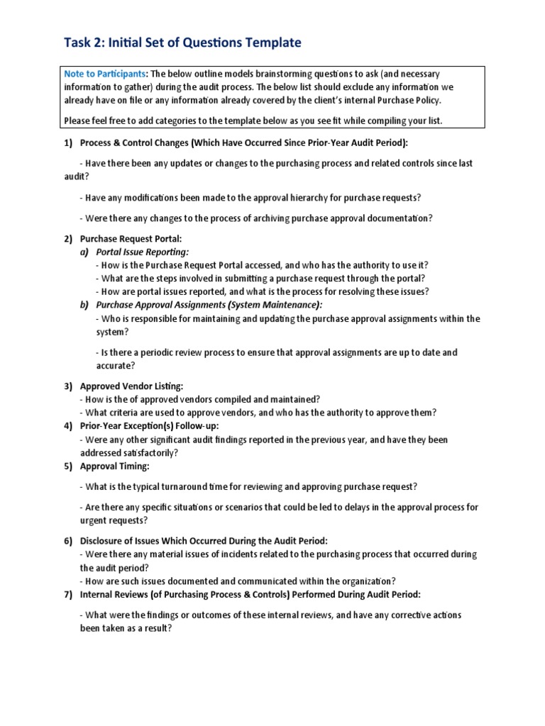 Task 2 - Initial Set of Questions Template | PDF | Information | Audit