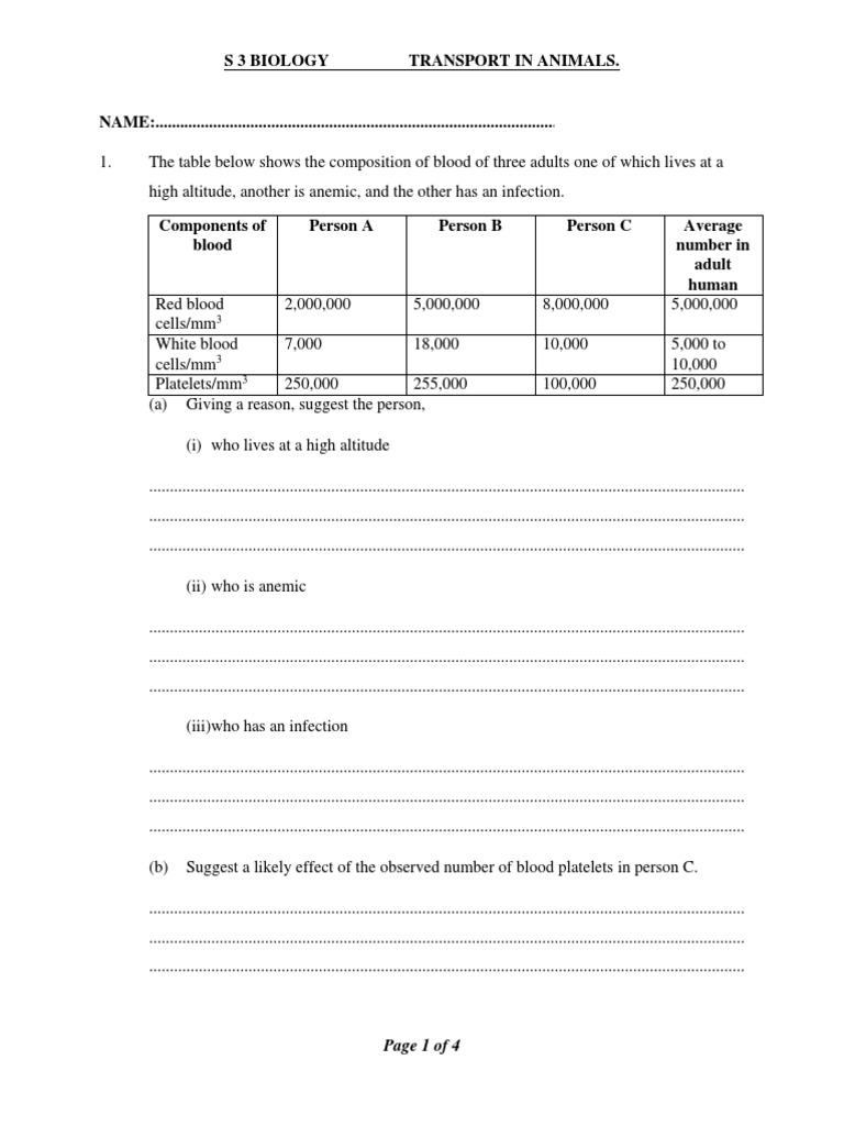 TRANSPORT IN ANIMALS-questions | PDF