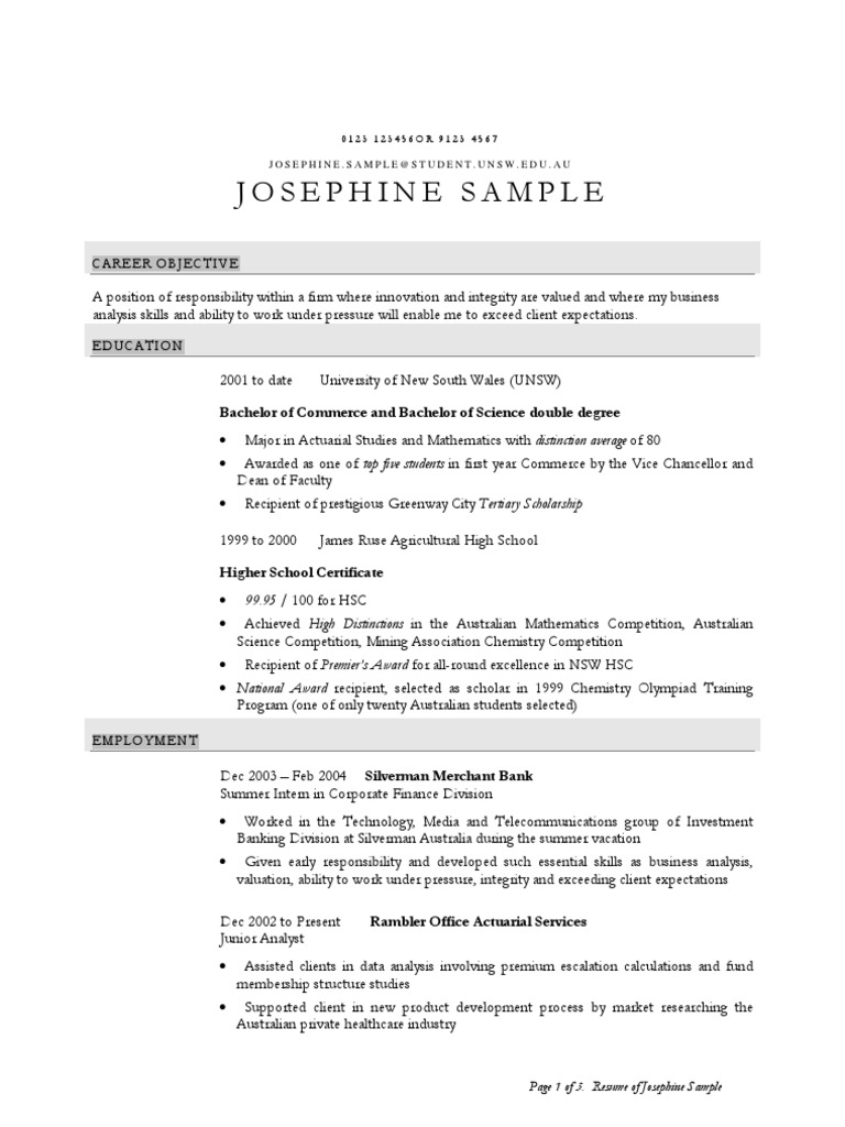 Josephine Sample: Bachelor of Commerce and Bachelor of Science Double ...