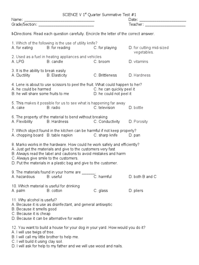 SCIENCE V Summative Tests 1st Quarter | PDF | Waste | Waste Management