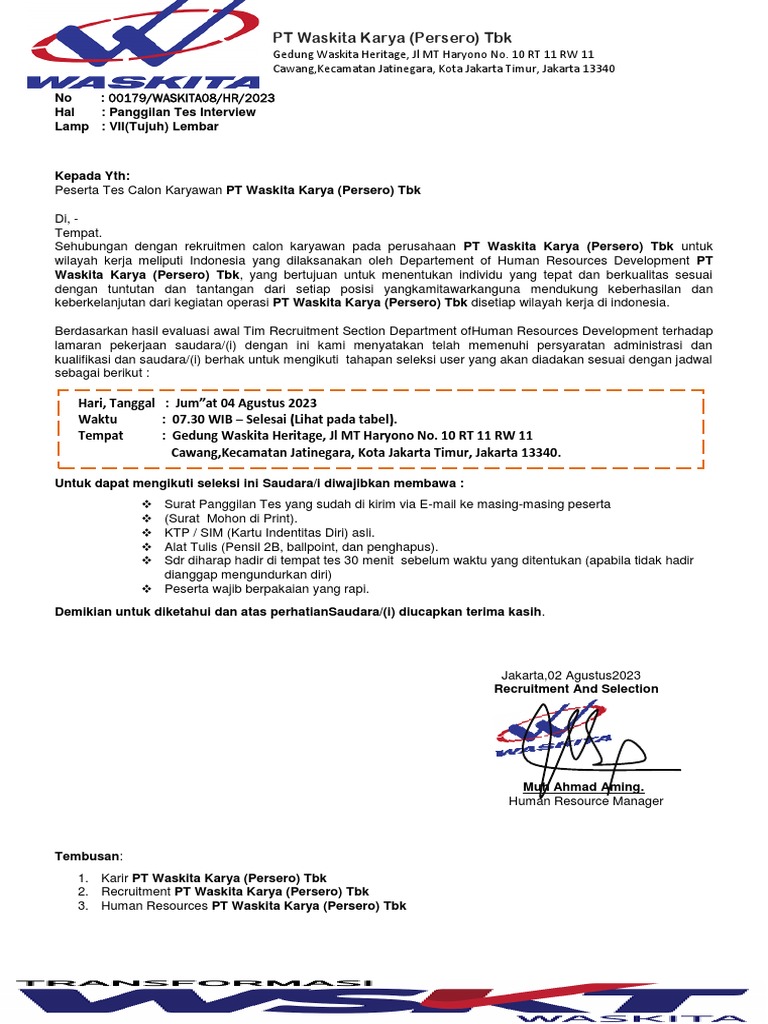 Surat Undangan Interview Calon Karyawan PT Waskita Karya (Persero) TBK ...