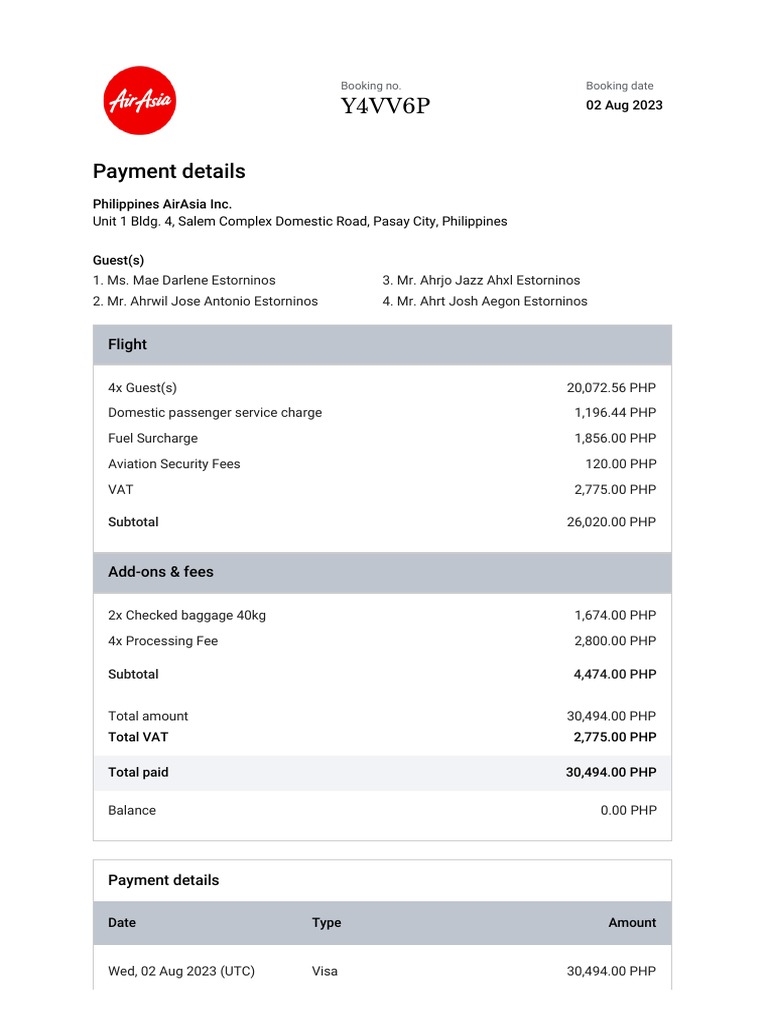 AirAsia Booking Receipt Summary | PDF