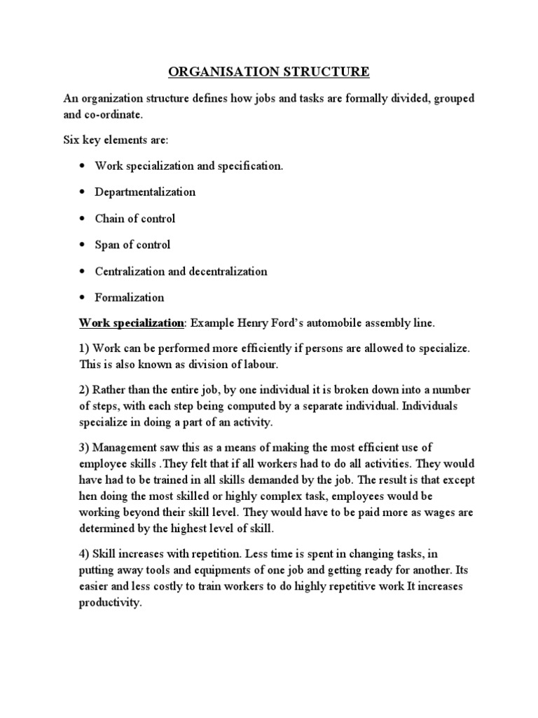 Organisation Structure: Work Specialization: Example Henry Ford's ...