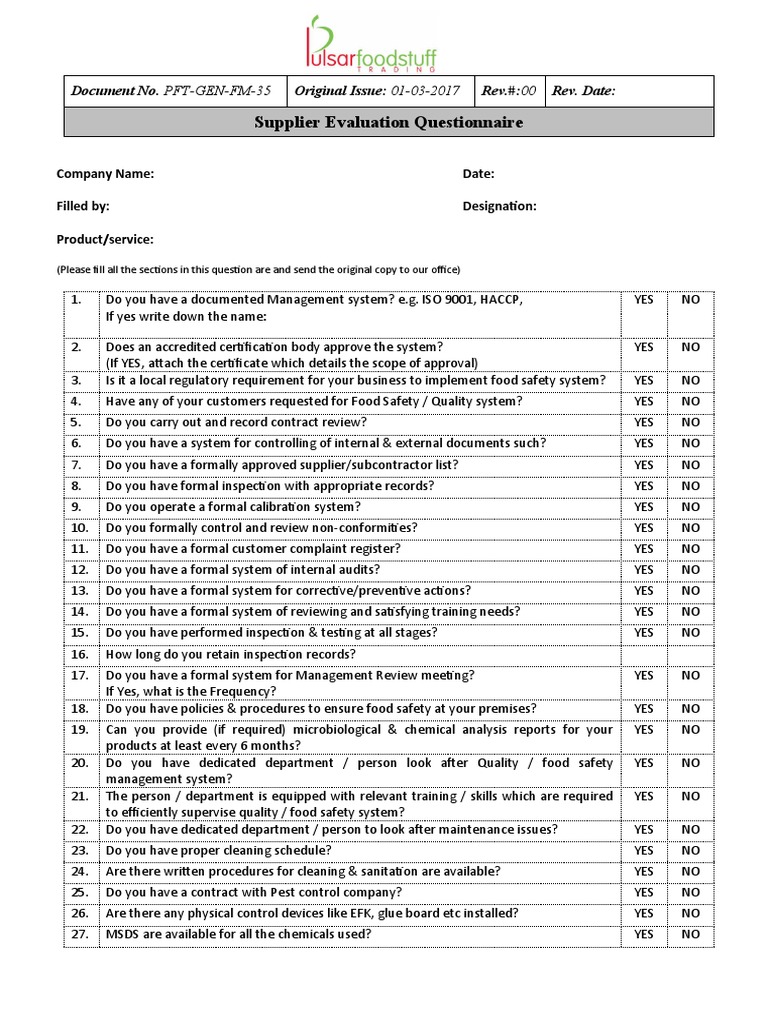 35 Supplier Evaluation Questionnaire | Download Free PDF | Food Safety ...