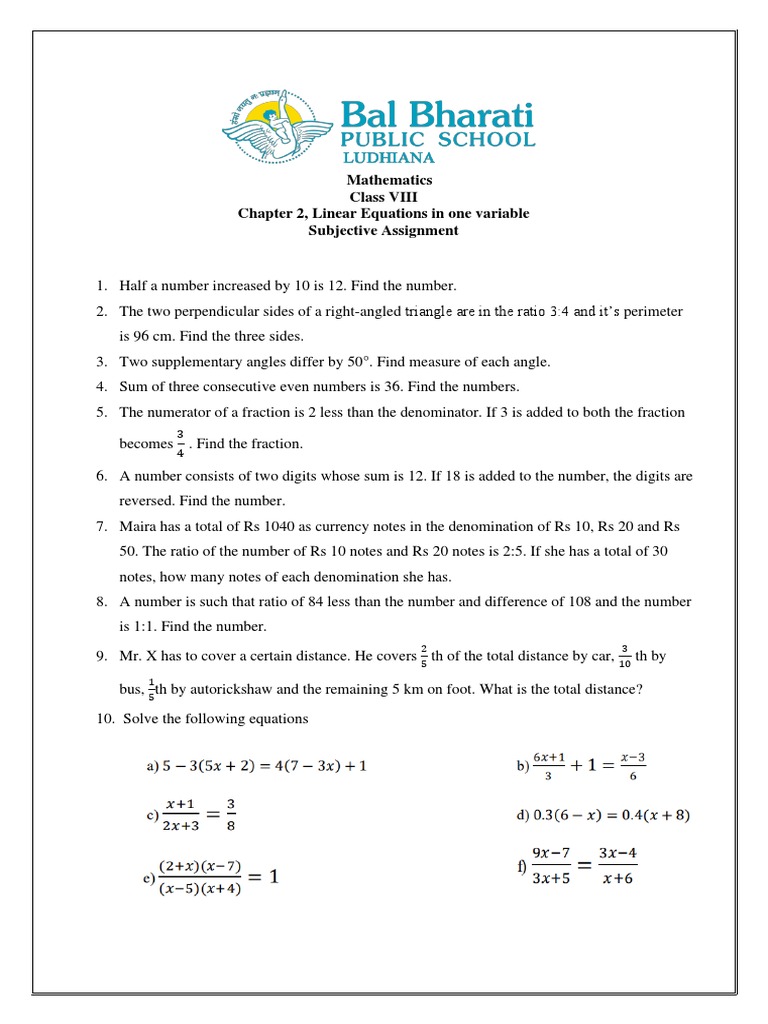 Class 8 Linear Equations Assignment | PDF