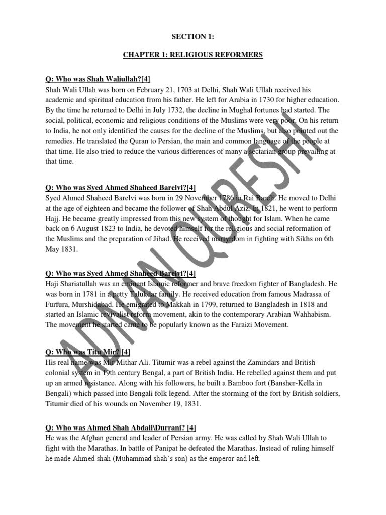 4 Mark Questions | PDF | Indian Rebellion Of 1857 | British Raj