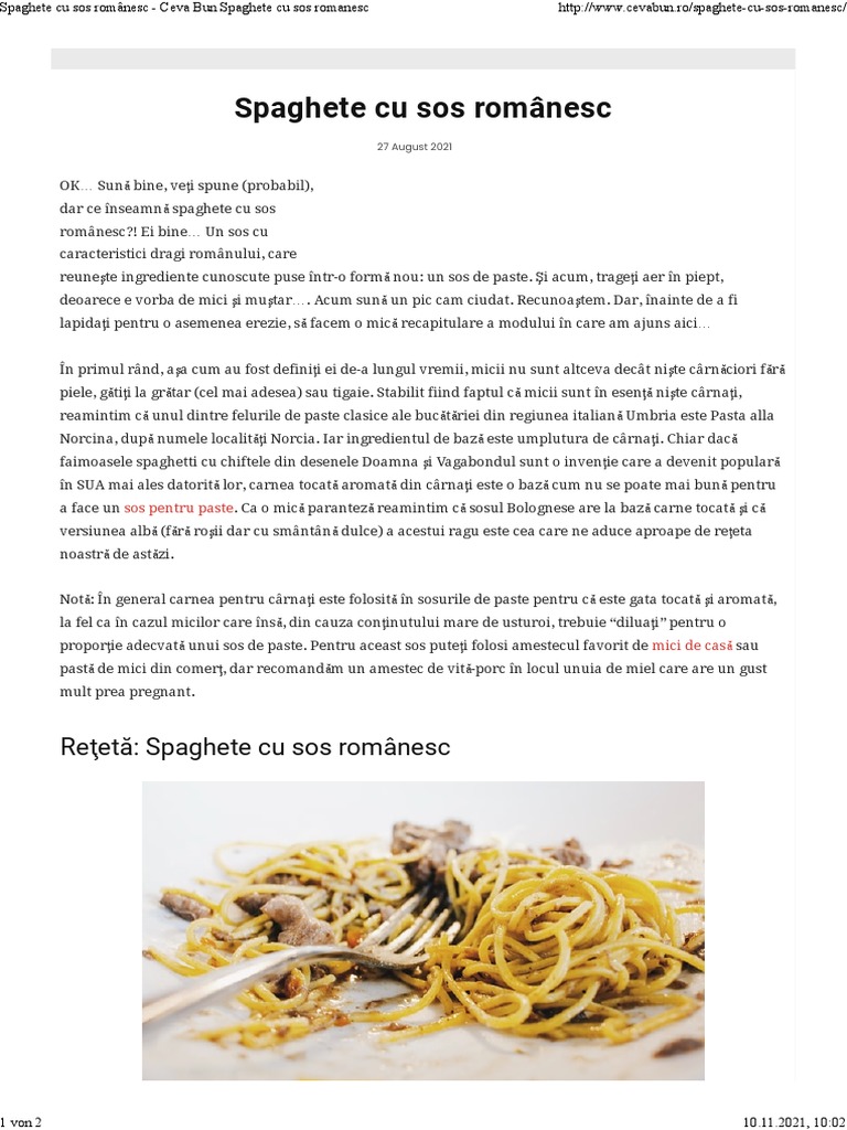 Spaghete Cu Sos Românesc - Ceva Bun Spaghete Cu Sos Romanesc | PDF