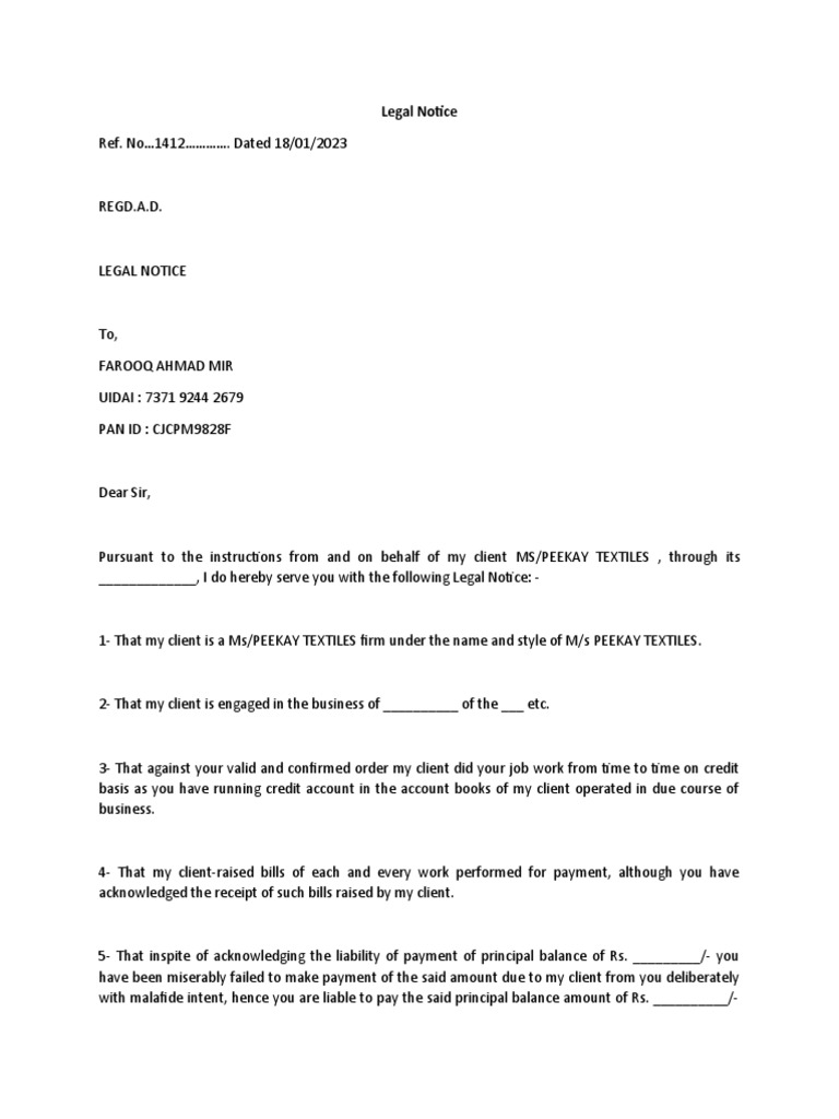 Legal Notice For Non Payment of Invoice LawRato | PDF