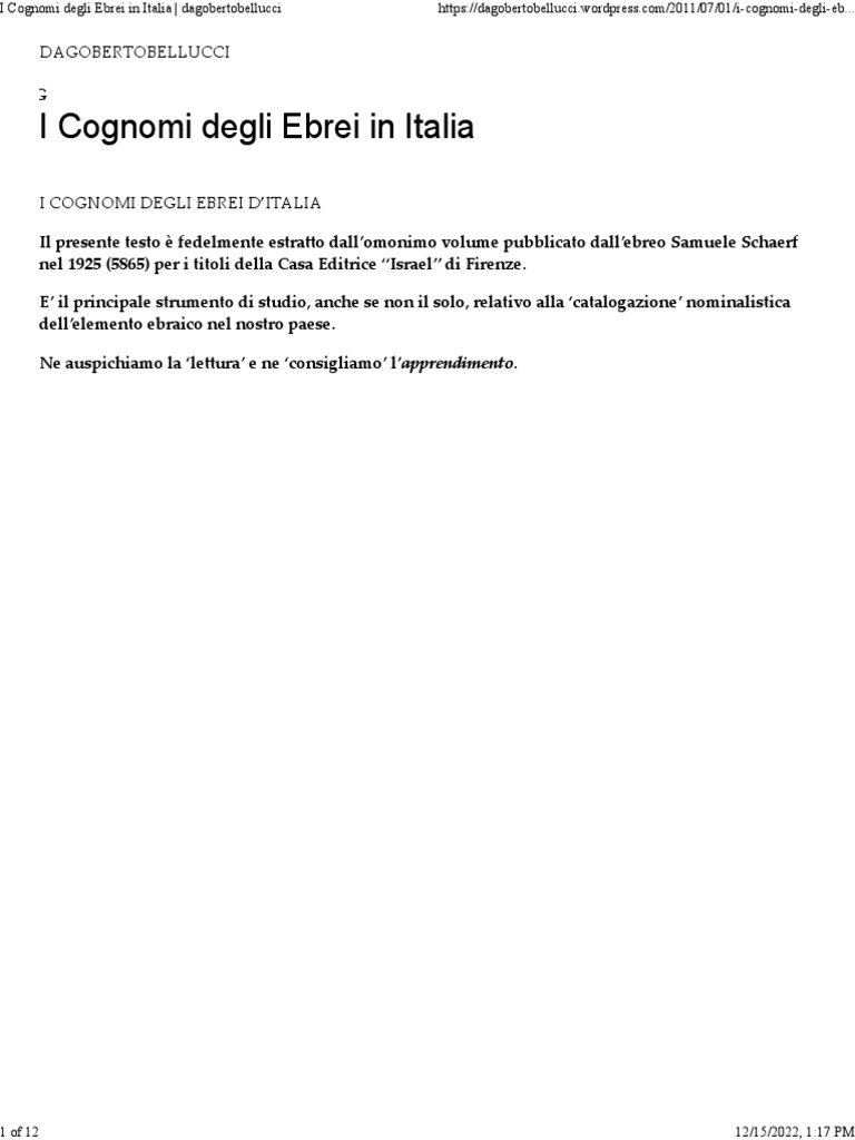 Cognomi Ebreici in Italia | PDF