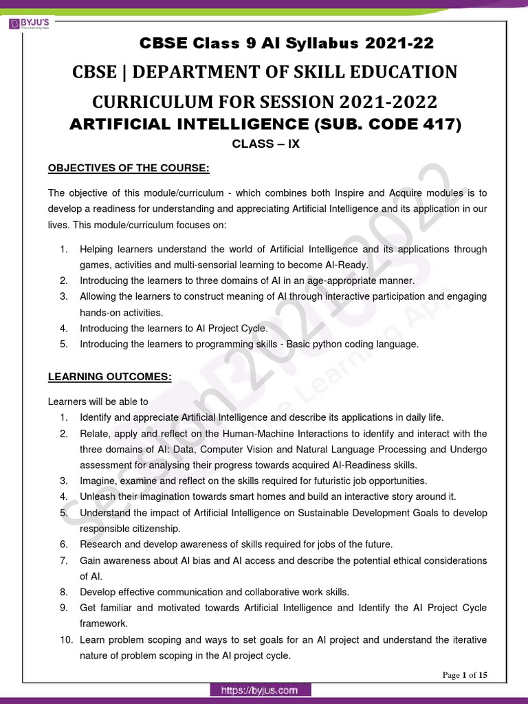 CBSE Class 9 Artificial Intelligence Syllabus 2021 22 | PDF