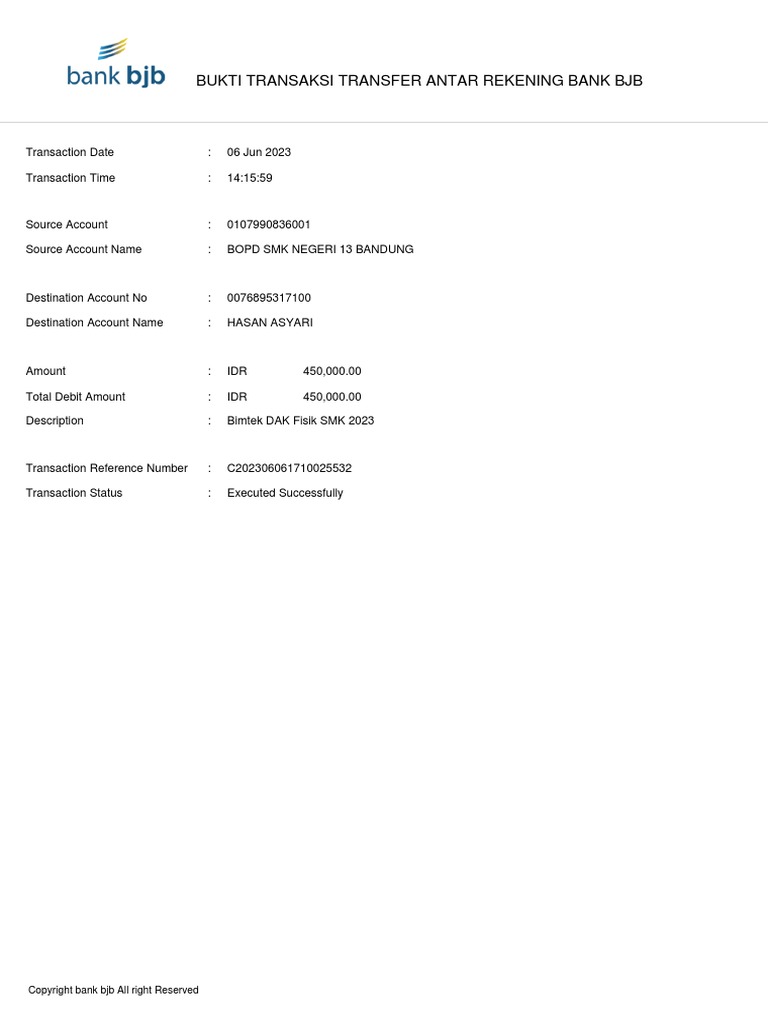 Bukti Transaksi Transfer Antar Rekening Bank BJB | PDF