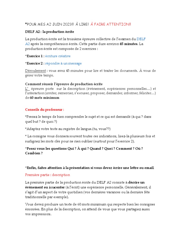 DELF A2 Production Écrite Et ORTOGRAPHE | PDF