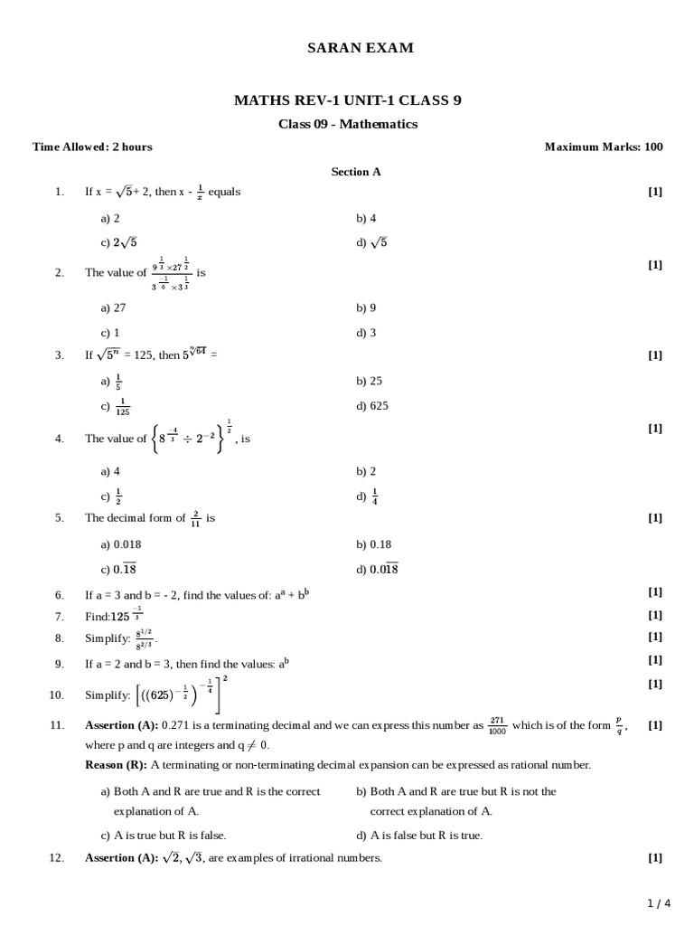 MATHS REV-1 UNIT-1 CLASS 9 | PDF
