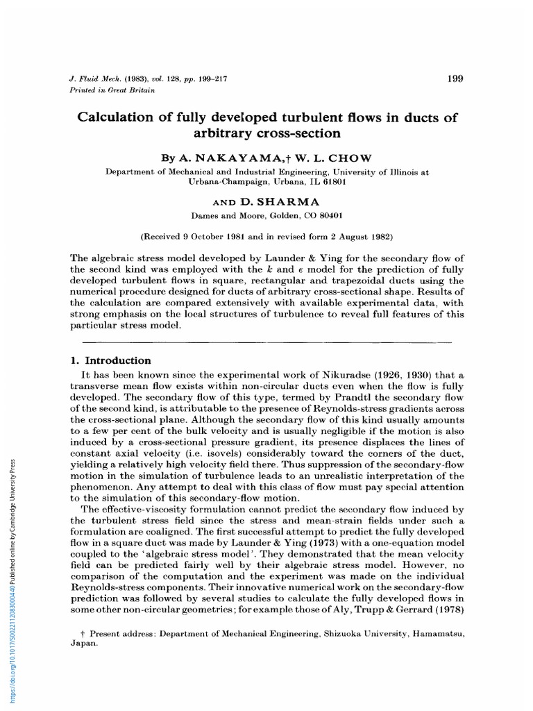 1982 Nakayama Calculation of Fully Developed Turbulent Flows in Ducts of Arbitrary Cross Section ...