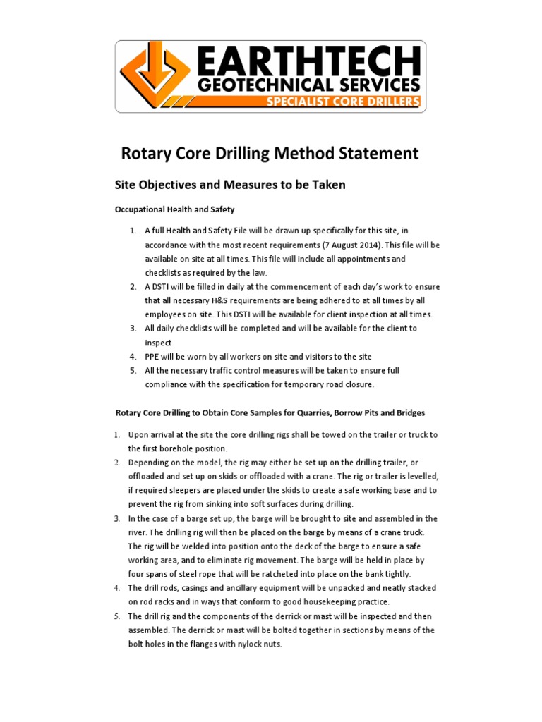 Rotary Core Drilling Method Statement | PDF | Technology & Engineering