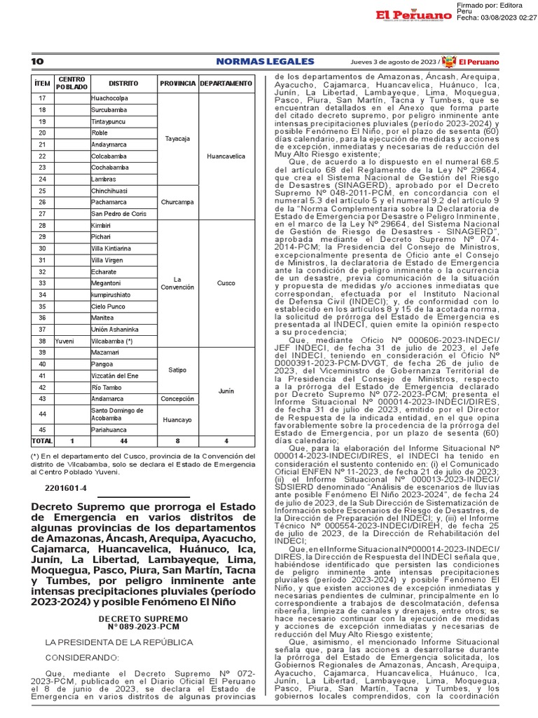 Decreto Supremo Que Prorroga El Estado de Emergencia en Vari Decreto Supremo N 089 2023 PCM ...