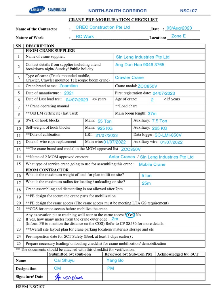 Crane Pre-Mobilization Checklist | PDF | Vehicles | Secondary Sector Of ...