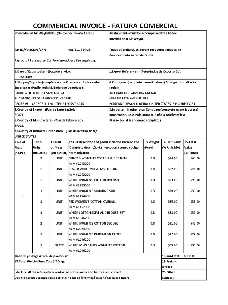 Fedex - Comercial Invoice | PDF