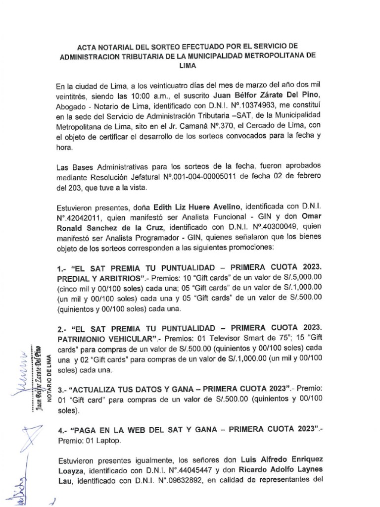 Acta Notarial - 1er Sorteo 2023 | PDF