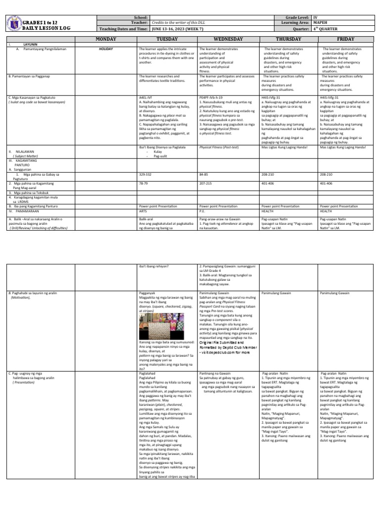 DLL Mapeh-4 Q4 W7 | PDF