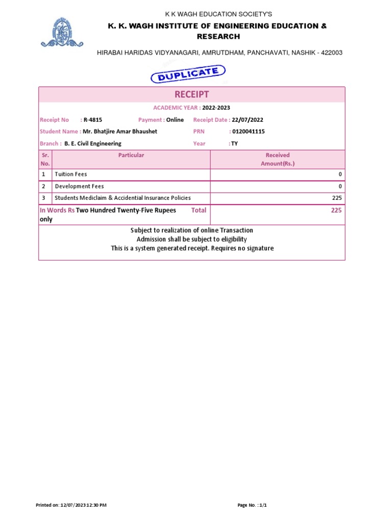 Student Fee Receipt | PDF