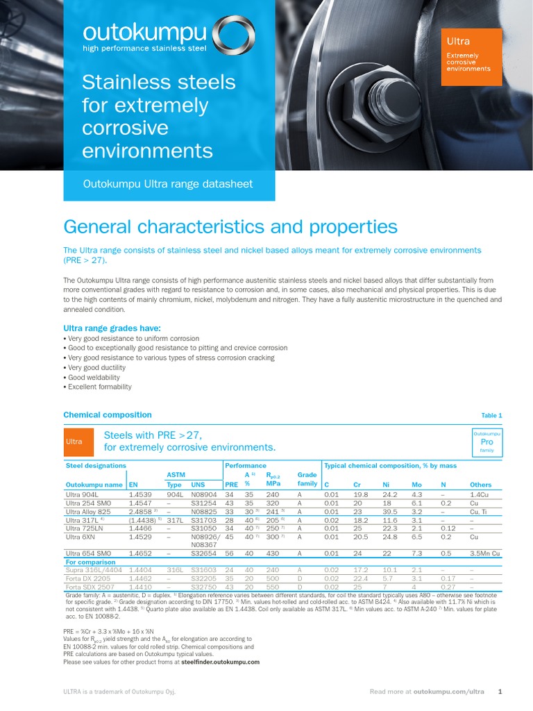 Outokumpu Ultra Range Datasheet | PDF | Stainless Steel | Corrosion
