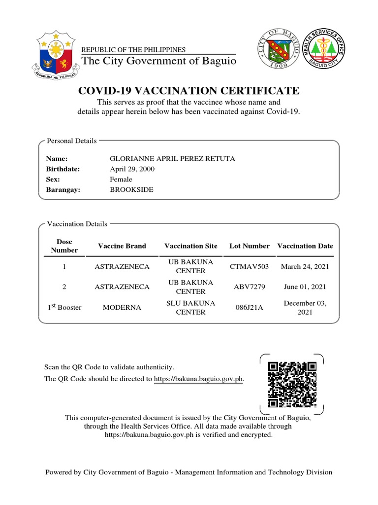 GLORIANNE APRIL RETUTA C 19 Vac Cert | PDF