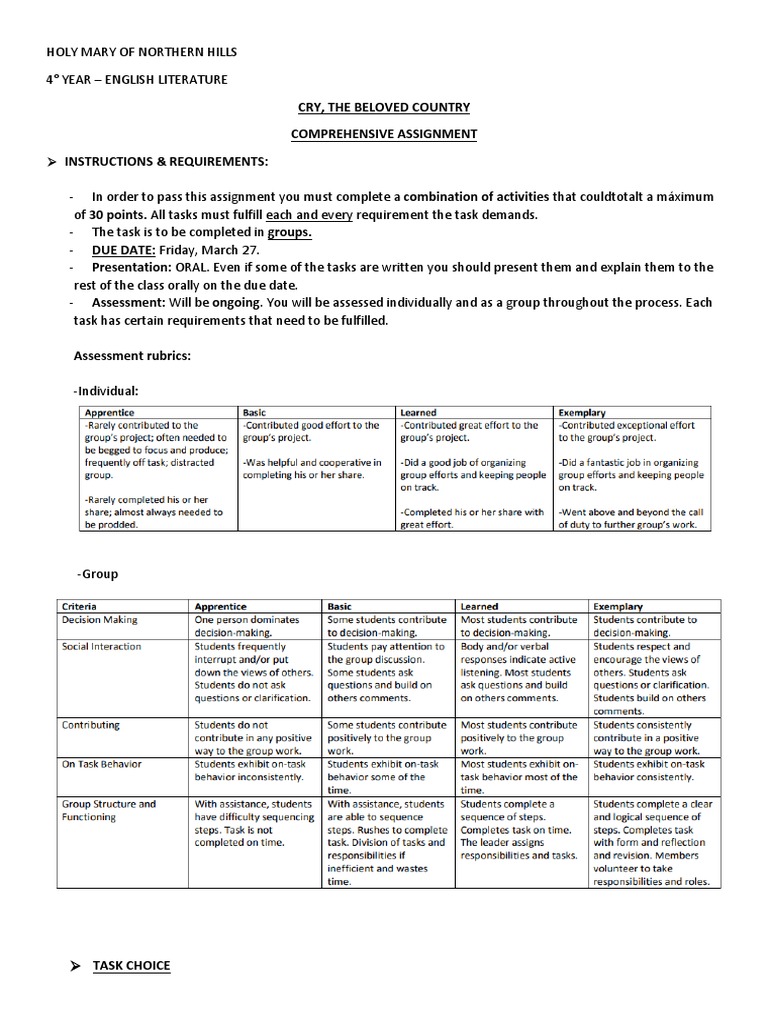 Cry the Beloved Country - Project work | PDF