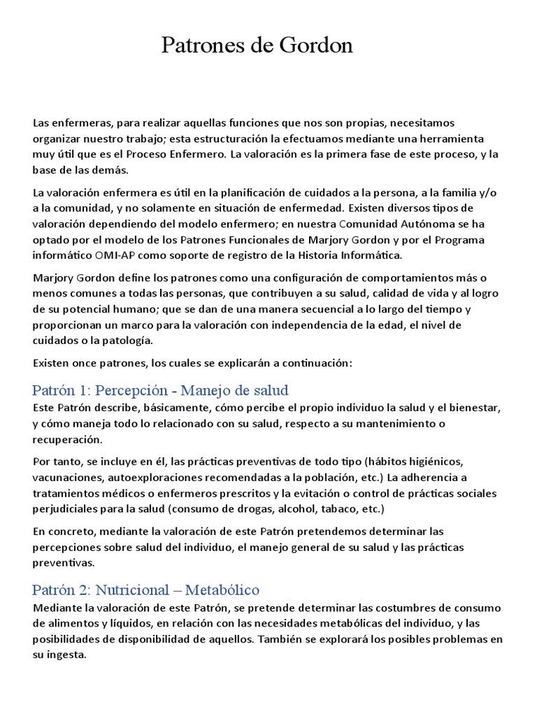 Patrones de Gordon | PDF | Dormir | Enfermería